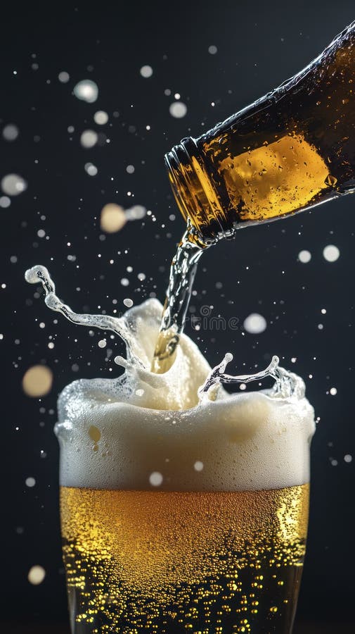 Beer Pouring from a Bottle into a Glass with Foam and Splashes Creating ...