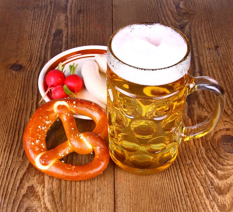 Beer and Pretzel, Radish and White Sausage Stock Photo - Image of ...