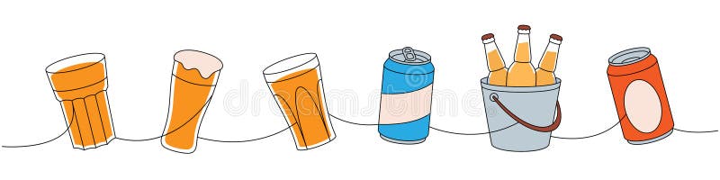 Beer Pub Elements One Line Colored Continuous Drawing. Beer Bottles ...