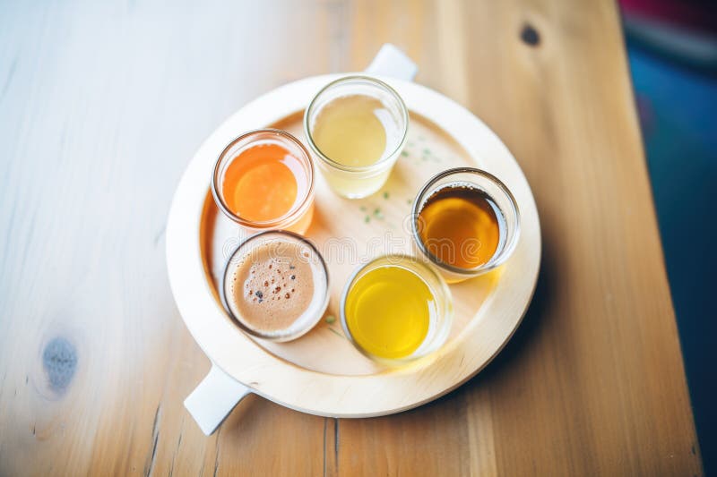 Beer Sampler on a Circular Tasting Tray Stock Photo - Image of hops ...