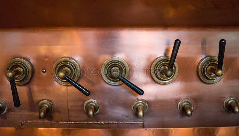 Beer Sampling Copper Taps In Old Brewery, Selective Focus Stock Photo ...