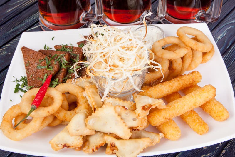 Beer Snack from Cheese Sticks, Chechel, Onions and Loaves of Beer on ...