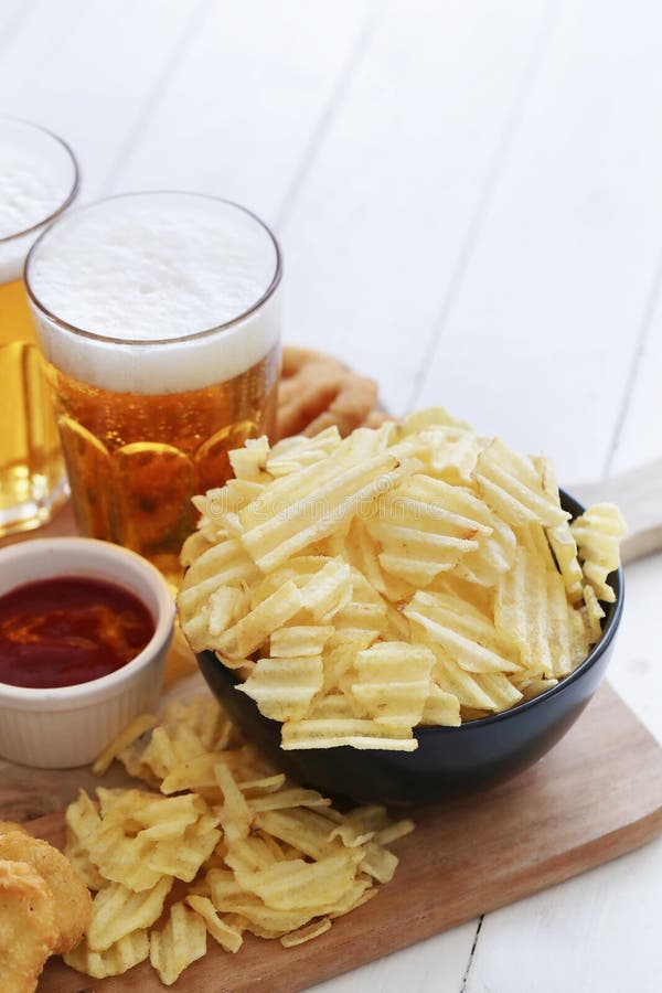 Beer and snacks stock image. Image of chips, sauce, ketchup - 94227313