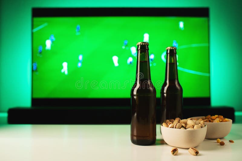 Beer and Snacks Set on Football Match Tv Background Stock Image - Image ...