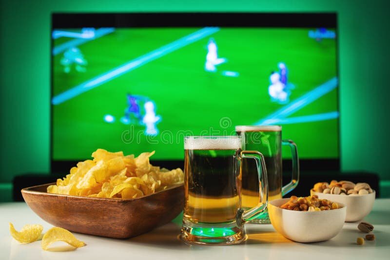 Beer and Snacks Set on Football Match Tv Background Stock Image - Image ...