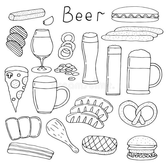Beer and Snacks Set Vector Illustration, Hand Drawing Doodles Stock ...