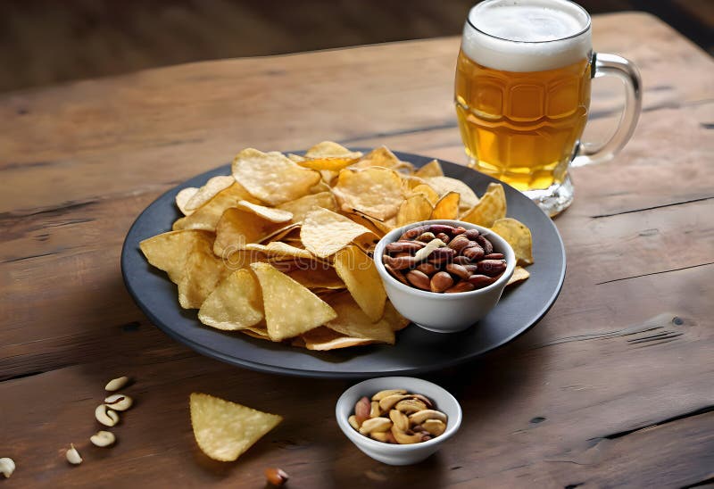Beer and Snacks on a Wooden Table. Snacks for Beer Stock Illustration ...