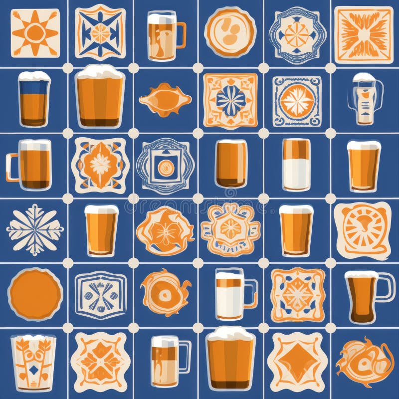 Beer Themed Patchwork Icons on Blue Background Stock Illustration ...