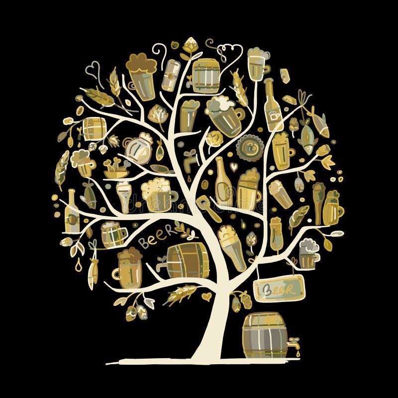 Beer Tree, Sketch for Your Design Stock Vector - Illustration of barrel ...