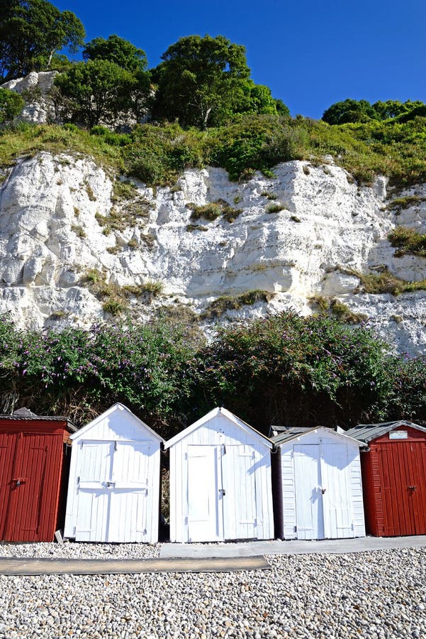 Beach Huts and Cliffs, Beer, UK. Editorial Image - Image of summertime ...