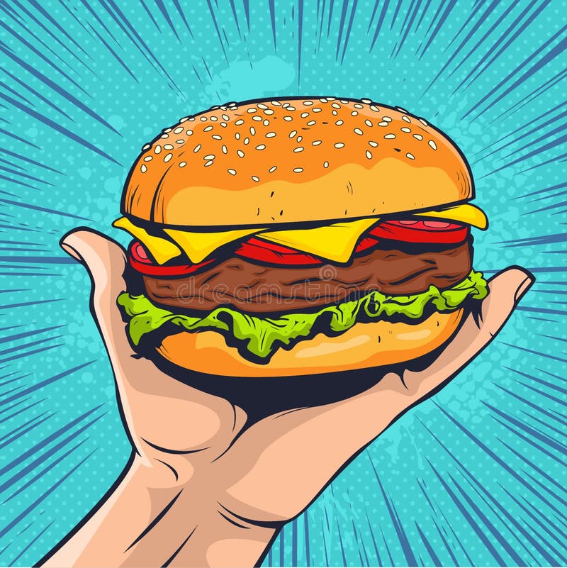 Burger on Hand. Fast Food Vector Illustration in Pop Art Retro Comic ...