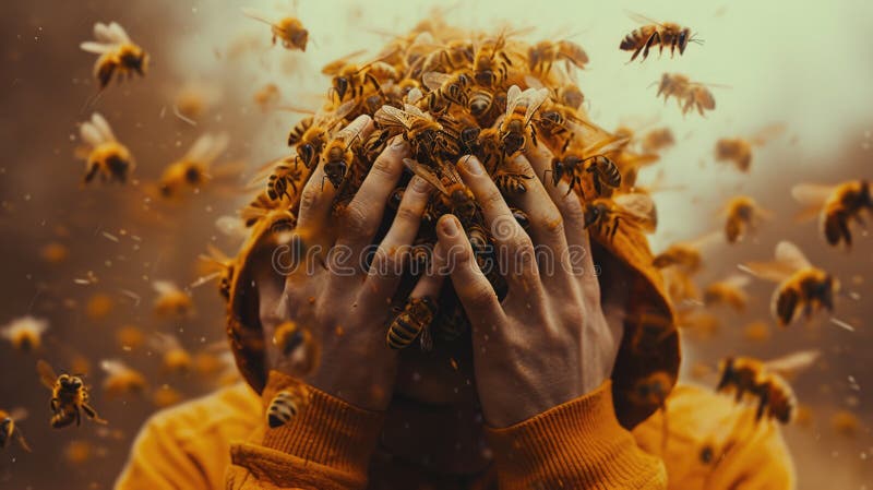 Bees Attack a Person. a Swarm of Bees Surrounded Man S Head. the Man ...