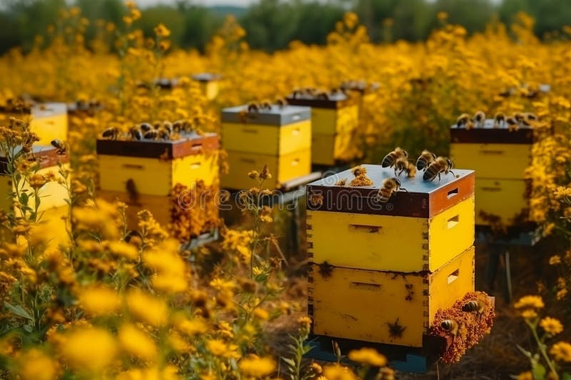 Bees on the Beehive. Generative AI. Stock Illustration - Illustration ...