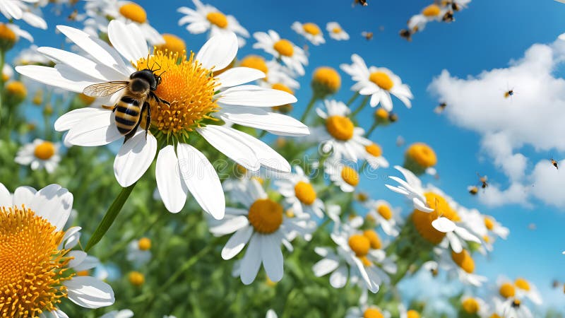 Bees Buzzing Around a Blooming Flower, with a Blue Sky and White Clouds ...