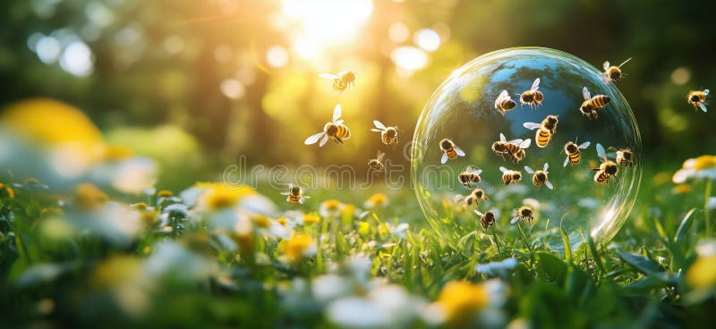 Bees Buzzing Around a Glass Bubble in a Sunlit Flower Field Stock Image ...