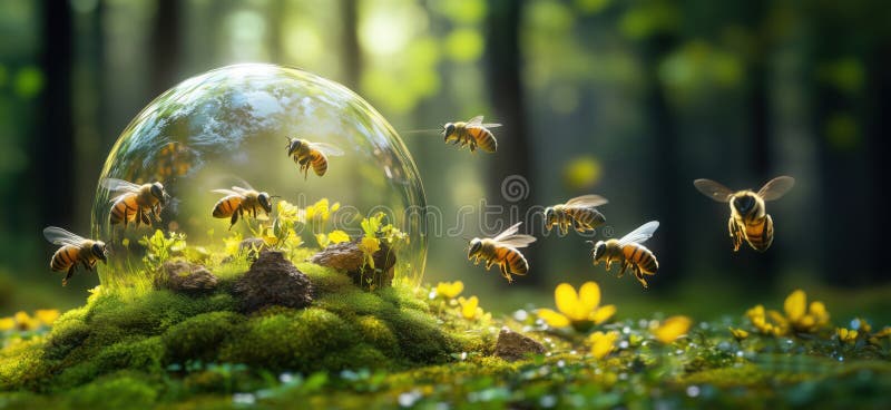 Bees Buzzing Around a Glass Dome in a Vibrant Forest Setting with ...