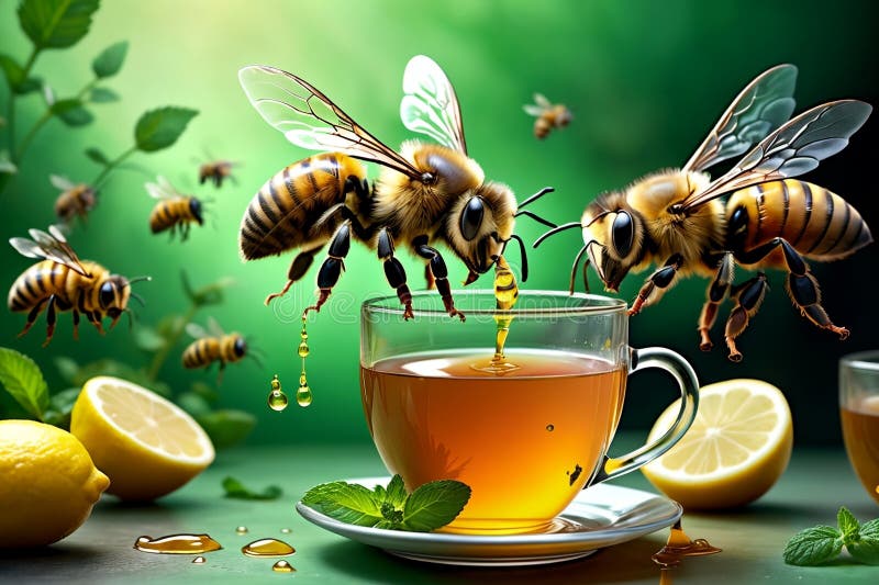 Bees Carry Honey into Tea, Natural Tea with Honey Stock Image - Image ...