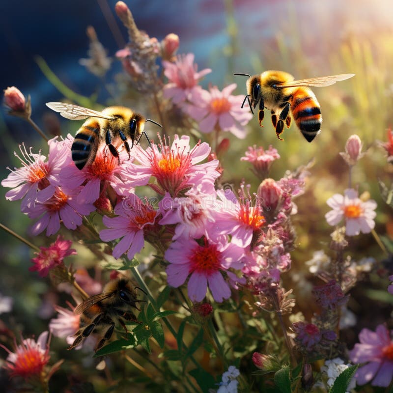 Bees Collect Pollen from Rose Chrysanthemum Flowers in Garden Stock ...