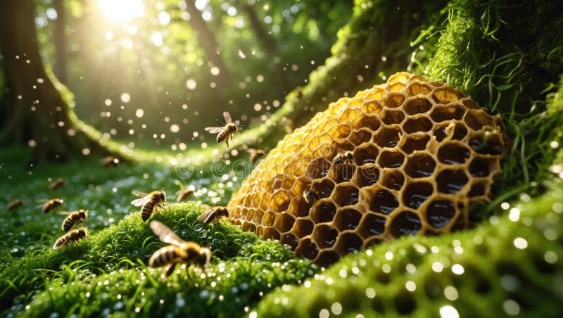 Honeycomb in Forest, Bees Collecting Nectar Stock Illustration ...