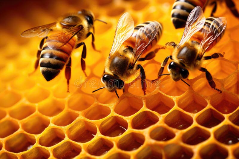 Bees Depositing Pollen into the Honeycomb Cells Stock Image - Image of ...