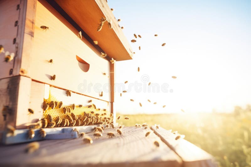 Bees Entering Wooden Hive with Sun Low on Horizon Stock Photo - Image ...