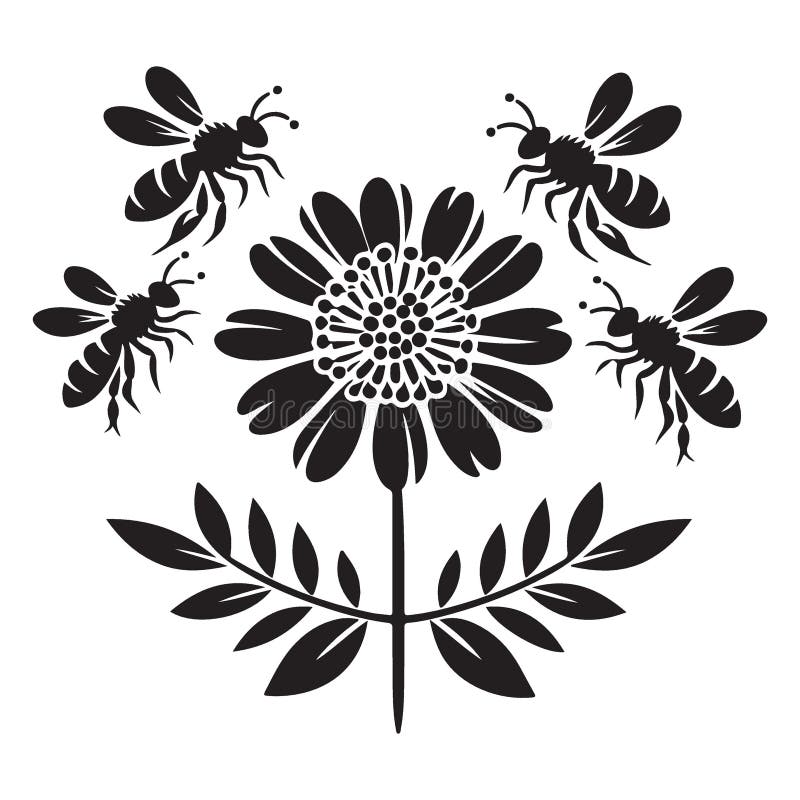 Bees on Flower Silhouette Illustration a Symbol of Pollination Stock ...