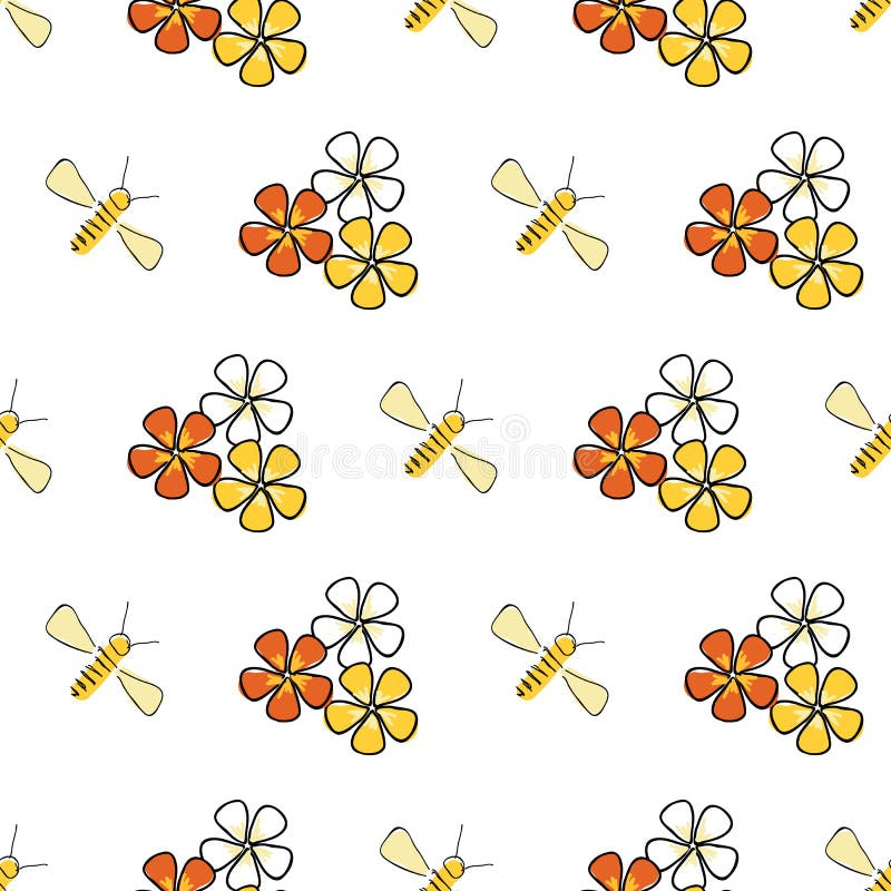 Bees and Flowers Seamless Pattern Vector on Yellow Honeycomb Background ...