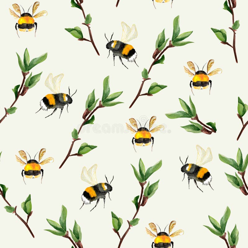 Bees Fly among Young Twigs Watercolor Seamless Pattern Stock ...