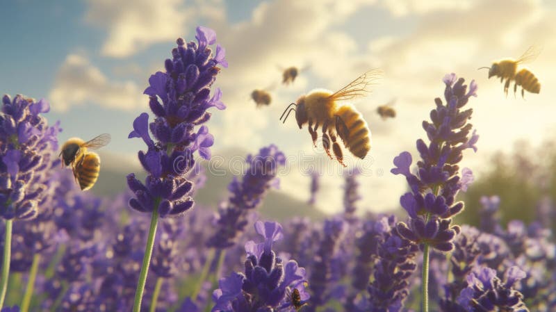 Bees Flying Amongst a Lavender Field in Sunlight Stock Illustration ...