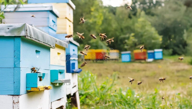 Bees Flying Around Beehive. Beekeeping Concept Stock Illustration ...