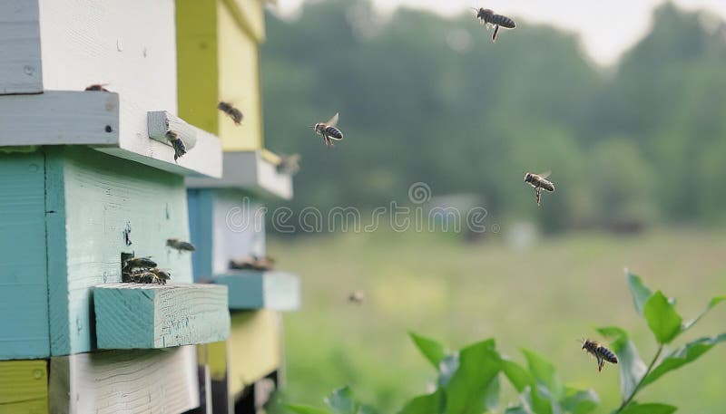Bees Flying Around Beehive. Beekeeping Concept Stock Illustration ...