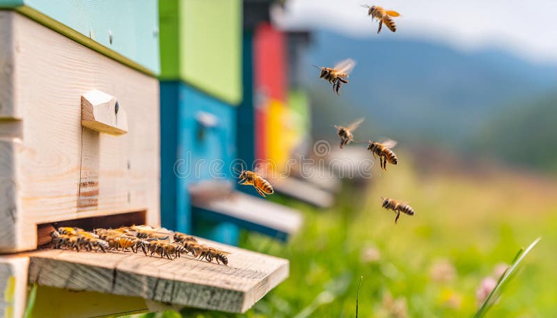 Bees Flying Around Beehive. Beekeeping Concept Stock Illustration ...