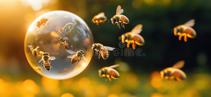 Bees Flying Around Bubble Reflecting Earth in Beautiful Nature Setting ...