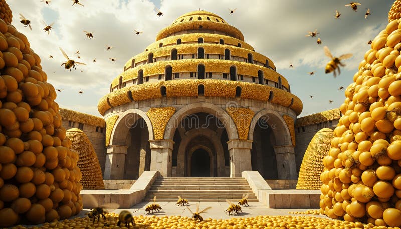 Bees Flying Around Unique Beehive Structures with Honeycomb Texture ...