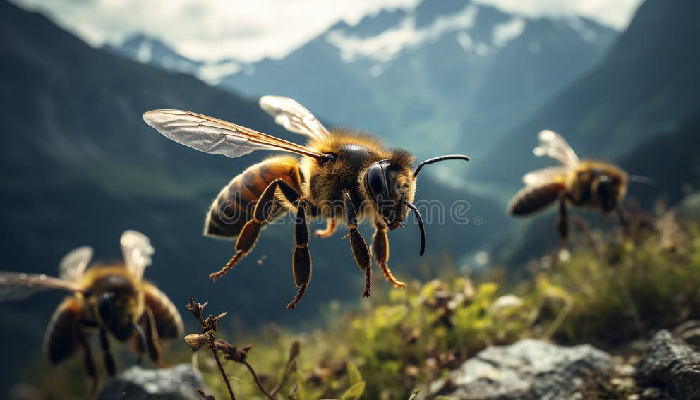 Bees Flying in the Mountains. Artificial Intelligence Stock ...