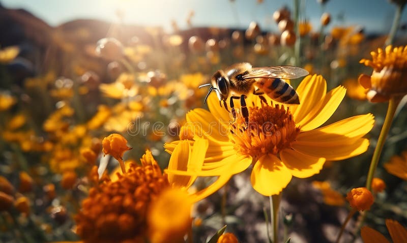 Bees are Foraging on Pollen in a Flower Field Stock Illustration ...