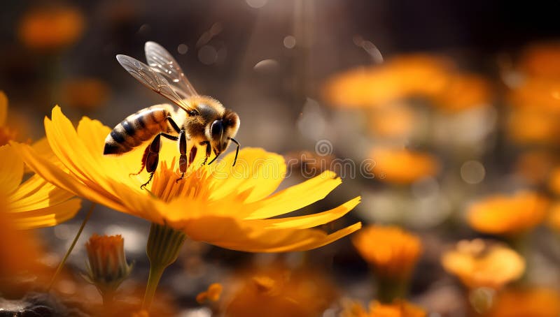 Bees are Foraging on Pollen in a Flower Field Stock Illustration ...