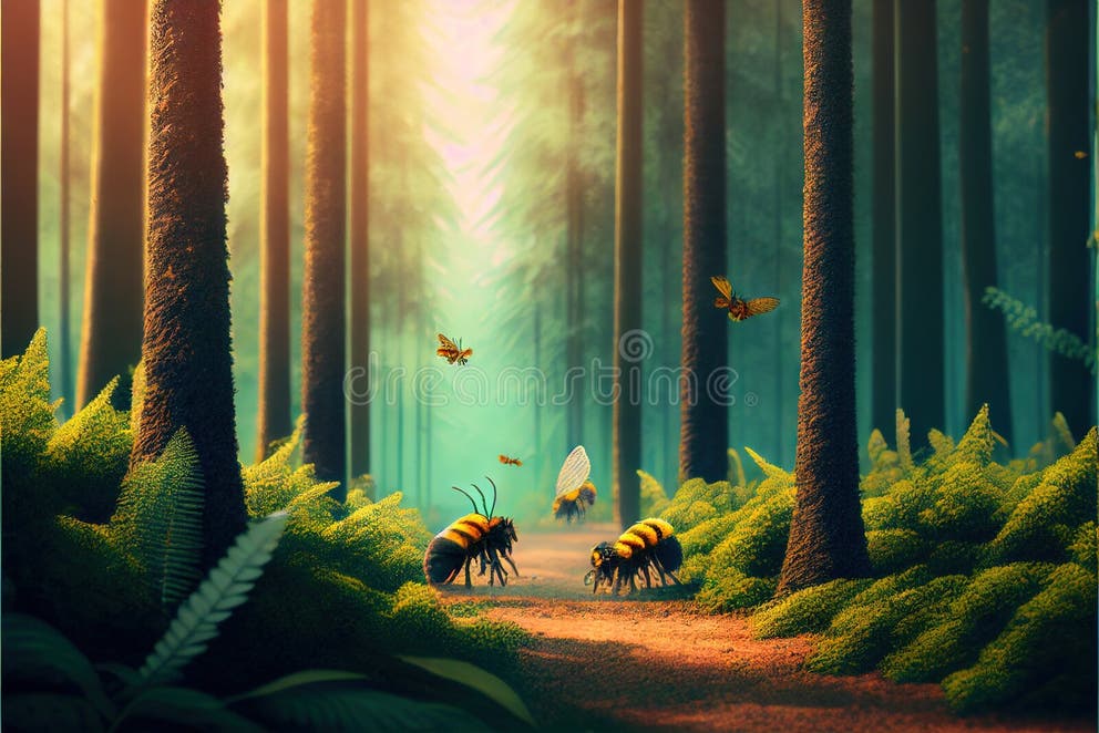 Bees in Forest Cinematic Image Generative AI Stock Illustration - Illustration of green, bees ...