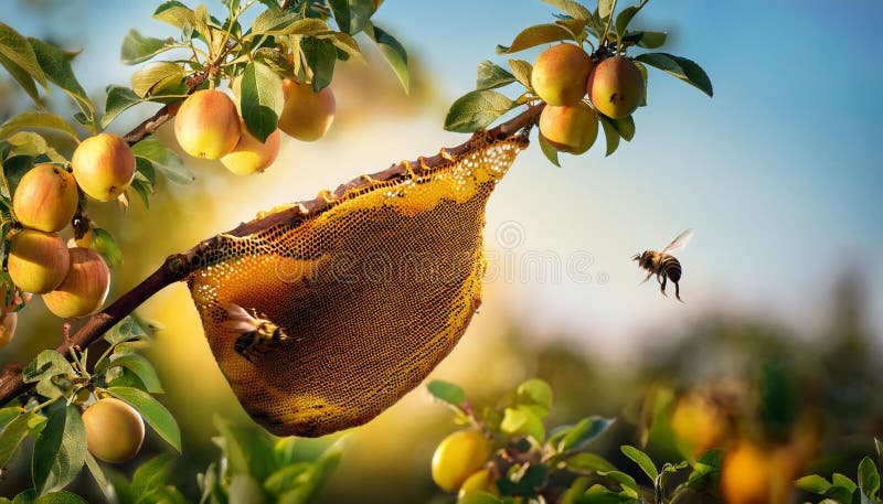 Bees on Fruit Tree, AI Generated Stock Illustration - Illustration of ...