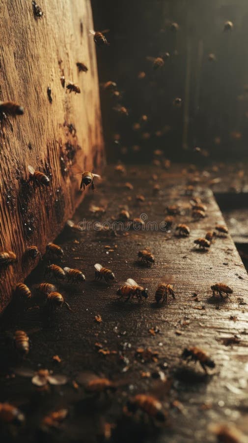Bees Gather at Hive Entrance, Hive Teeming with Activity and Buzzing ...