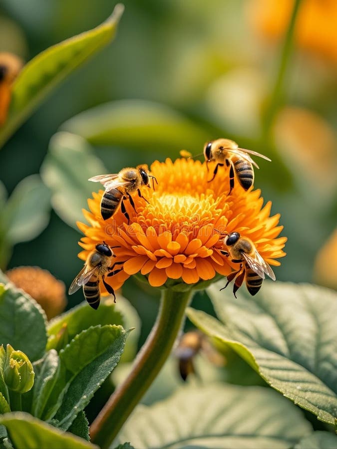 Bees Gathering Nectar Around the Flowers in the Bushes. Stock ...