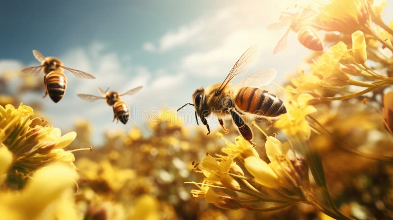 Bees Harvest Nectar in a Flower Field Stock Illustration - Illustration ...