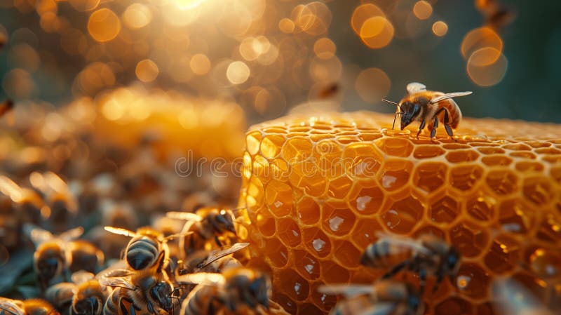 Bees on Honeycomb Background, Generative AI Stock Illustration ...