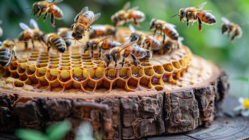 Bees on Honeycomb Background, Generative AI Stock Illustration ...
