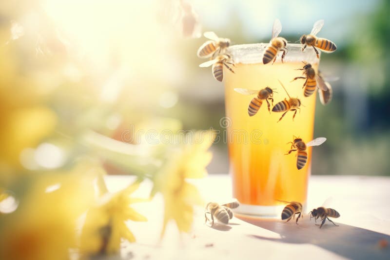 Bees Hovering Around a Lemonade Glass in the Sun Stock Photo - Image of ...
