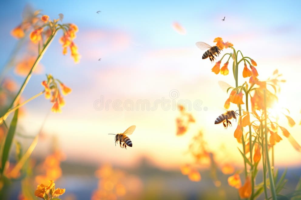 Bees Hovering Over Wildflowers with Sunset Backdrop Stock Image - Image ...