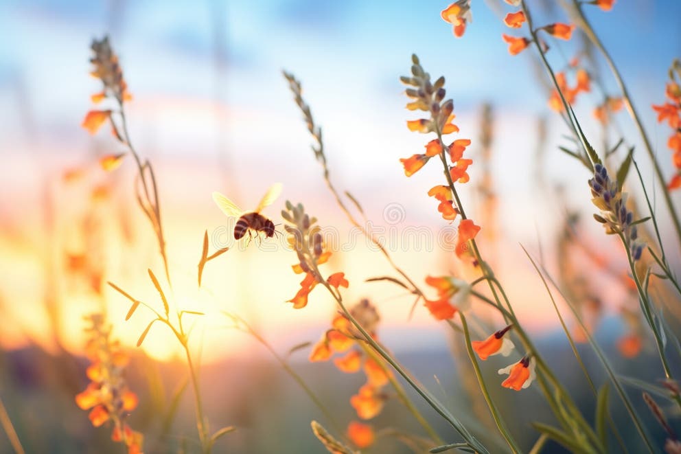 Bees Hovering Over Wildflowers with Sunset Backdrop Stock Photo - Image ...