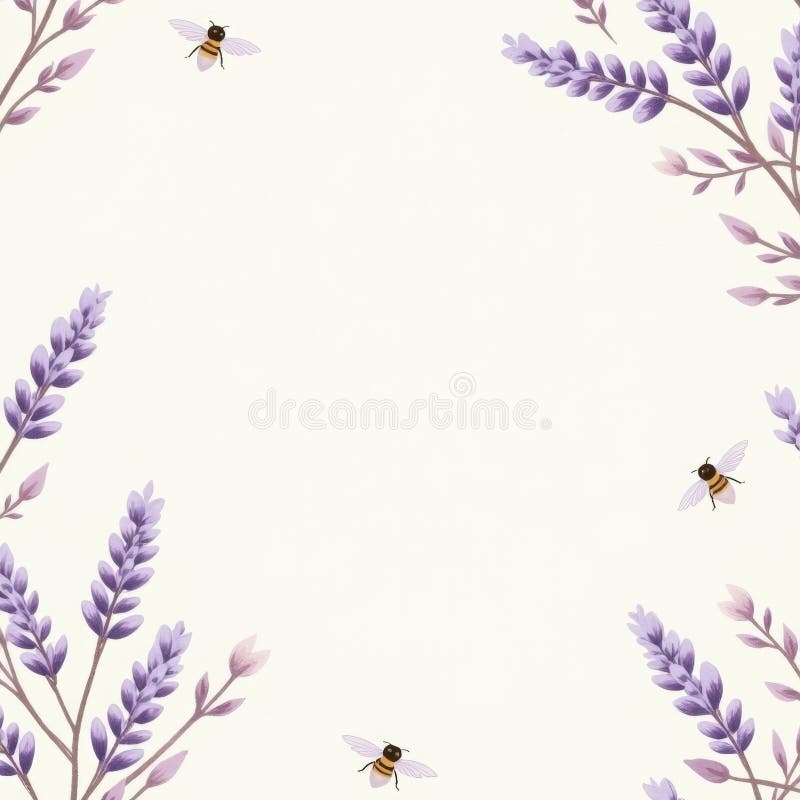 Bees and Lavender Framework with Delicate Floral Border and Soft Pastel ...