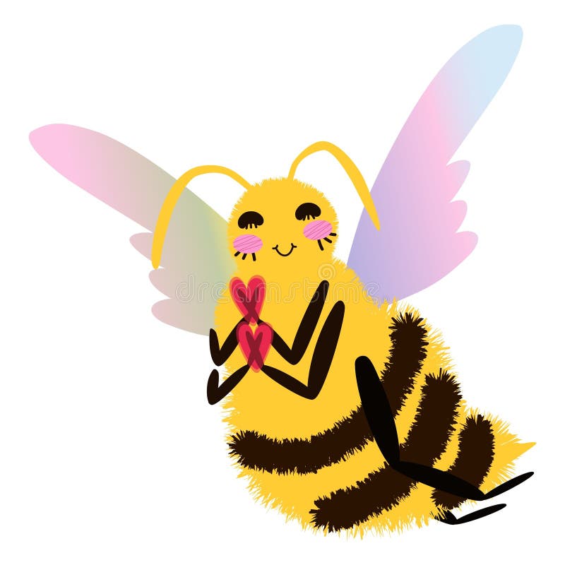 Fluffy Bee Character with Rainbow-tinted Wings Flying and Holding ...