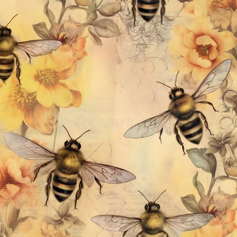 Bees Old Paper, Vintage Digital Paper Stock Illustration - Illustration ...
